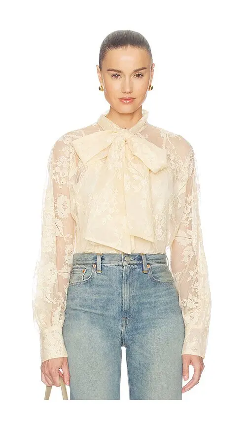 Zimmermann Valiant Lace Pussybow Blouse In Nude - Sand