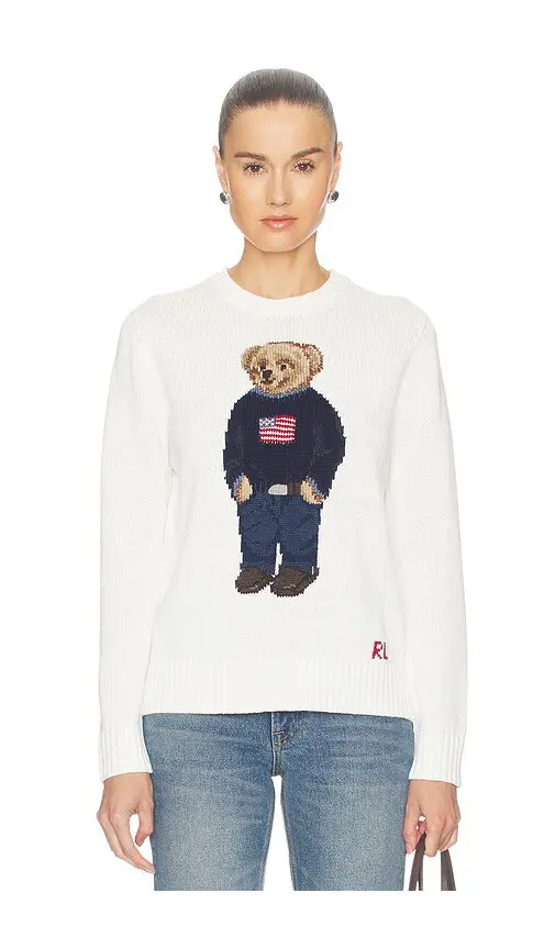 Polo Ralph Lauren Linen Bear Sweater Long Sleeve Pullover In White