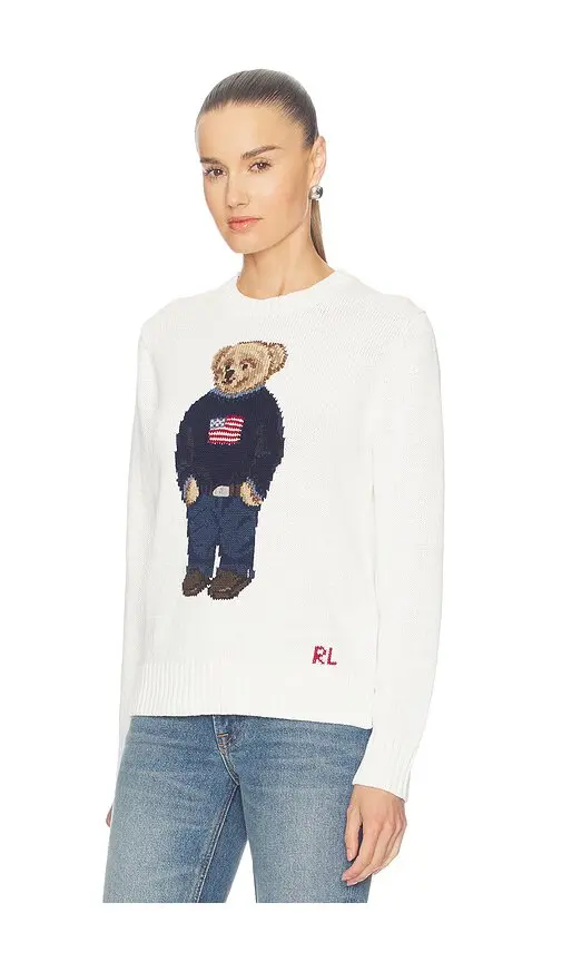 Polo Ralph Lauren Linen Bear Sweater Long Sleeve Pullover In White