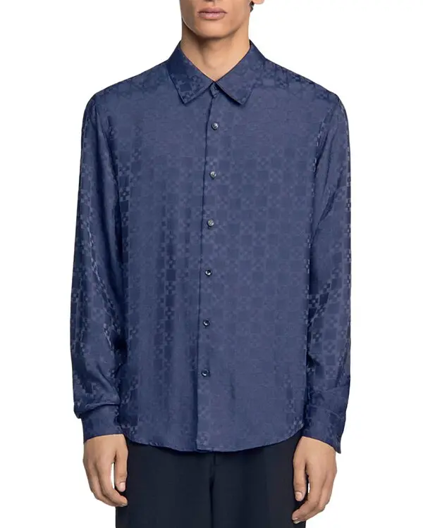 Sandro Jacquard Square Cross Loose Fit Shirt - Navy Blue