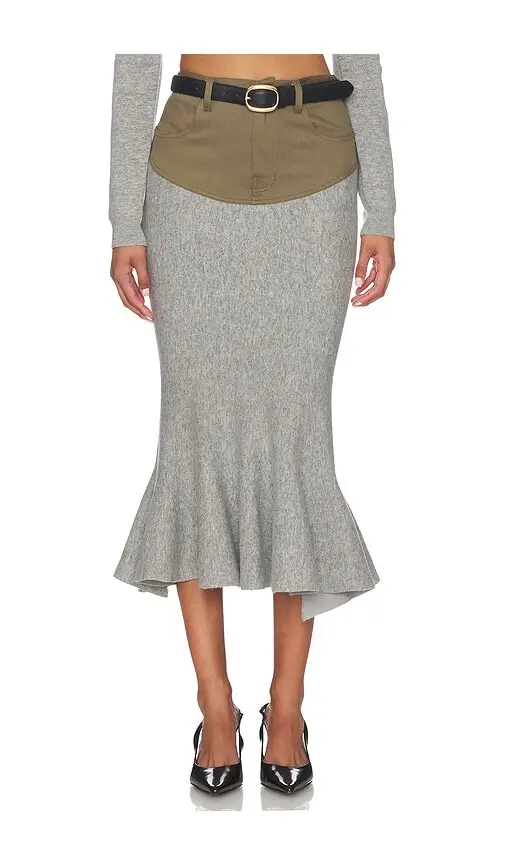 SELF-PORTRAIT Knit Khaki Denim Insert Midi Skirt