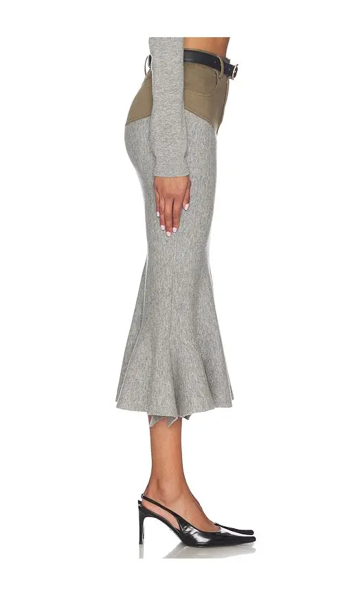SELF-PORTRAIT Knit Khaki Denim Insert Midi Skirt