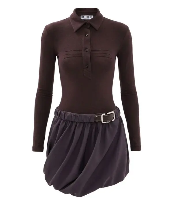 Attico Collared Combo Mini Dress - Dark Brown
