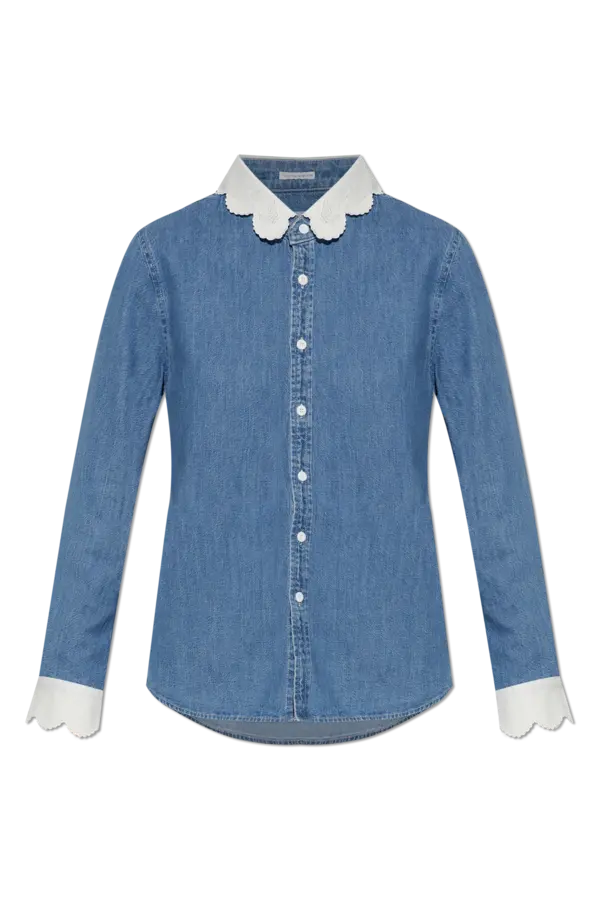 MOTHER The Frilly Foxy Boxy Denim Shirt - Blue