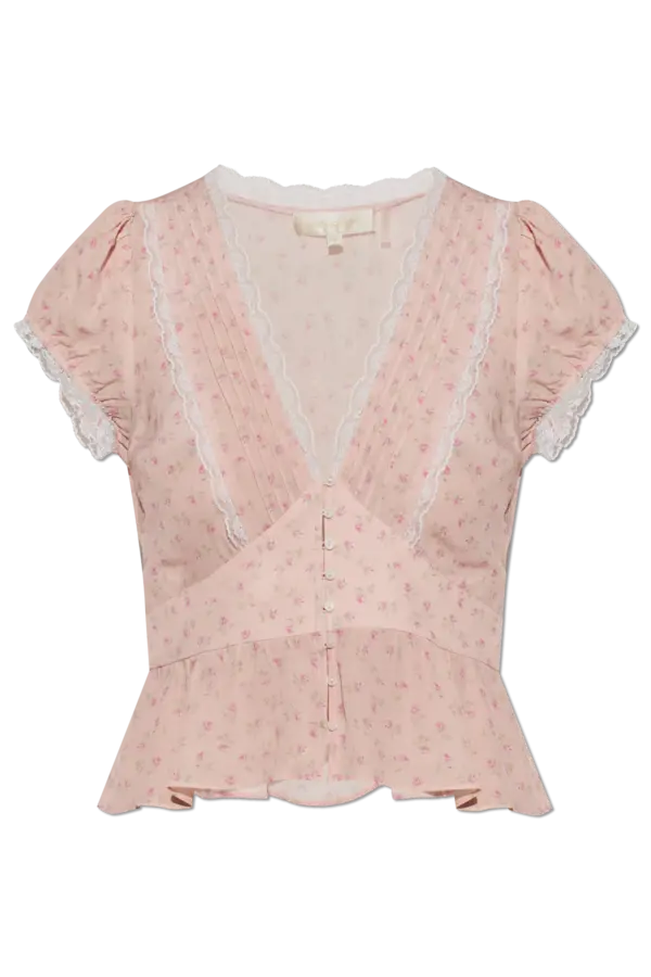 LoveShackFancy Short-sleeve Floral Print Blouse With Lace Trim - Pink