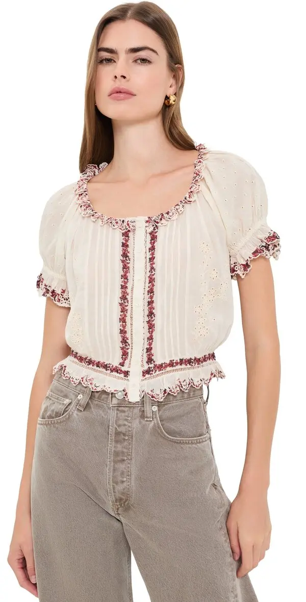 Alice + Olivia Embr Puff Sleeve Cropped Blouse - Orchard Glow