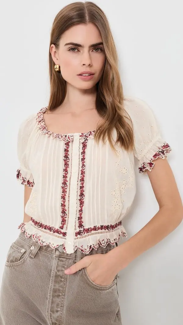 Alice + Olivia Embr Puff Sleeve Cropped Blouse - Orchard Glow