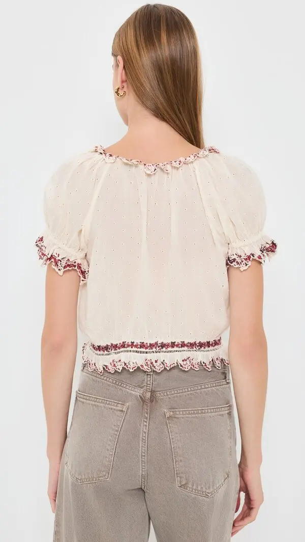 Alice + Olivia Embr Puff Sleeve Cropped Blouse - Orchard Glow