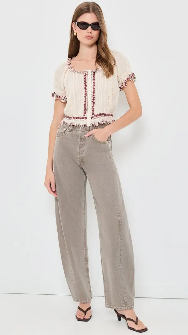 Alice + Olivia Embr Puff Sleeve Cropped Blouse - Orchard Glow