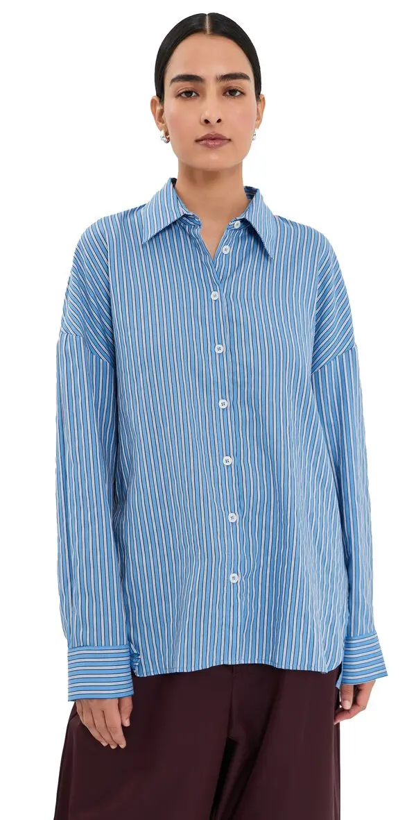 Tibi Edmund Lyocell Stripe Oversized Shirt - Blue Multi