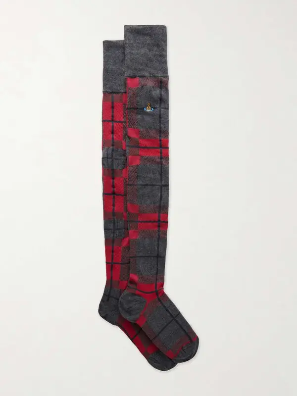 VIVIENNE WESTWOOD Locharron Orb-embroidered Checked Knitted Socks - Red
