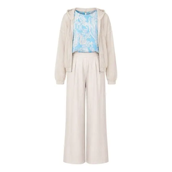 OH!ZUZA NIGHT&DAY Neutrals Print Top, Wide-leg Trousers & Mesh Hoodie Set - Blue