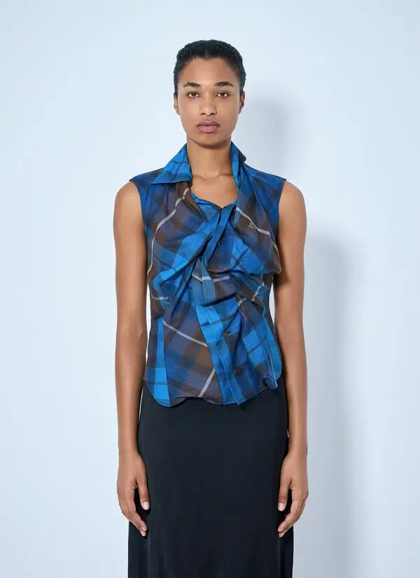 VIVIENNE WESTWOOD Sleeveless Draped Plaid Blouse - Blue