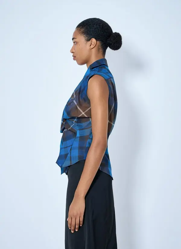 VIVIENNE WESTWOOD Sleeveless Draped Plaid Blouse - Blue
