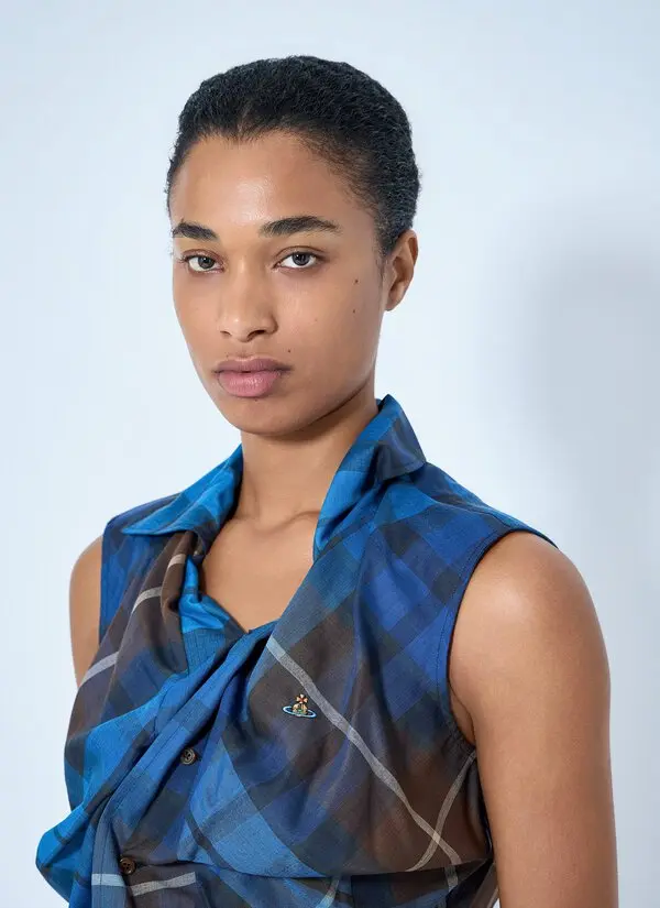 VIVIENNE WESTWOOD Sleeveless Draped Plaid Blouse - Blue