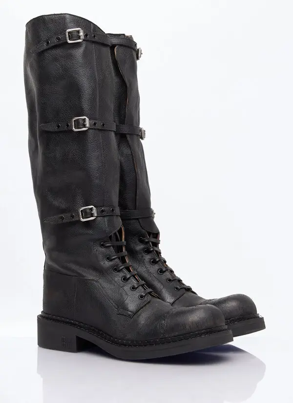 Miu Miu Knee High Distressed Leather Buckled Boots