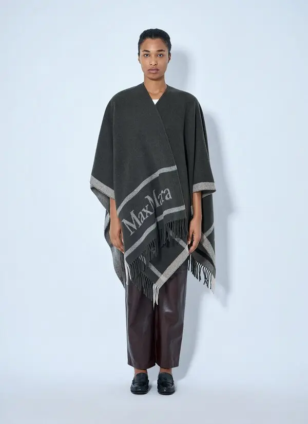 Max Mara Fringed Wrap With Logo Detail - Gray