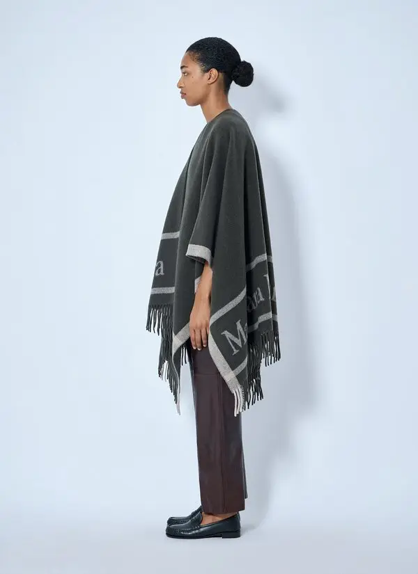 Max Mara Fringed Wrap With Logo Detail - Gray