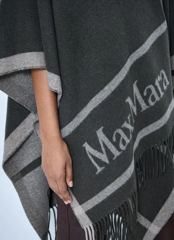 Max Mara Fringed Wrap With Logo Detail - Gray