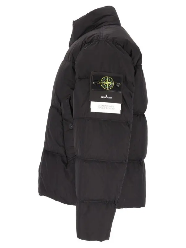Stone Island Short Down Jacket With Stand Collar And Embroidered Logo - Black