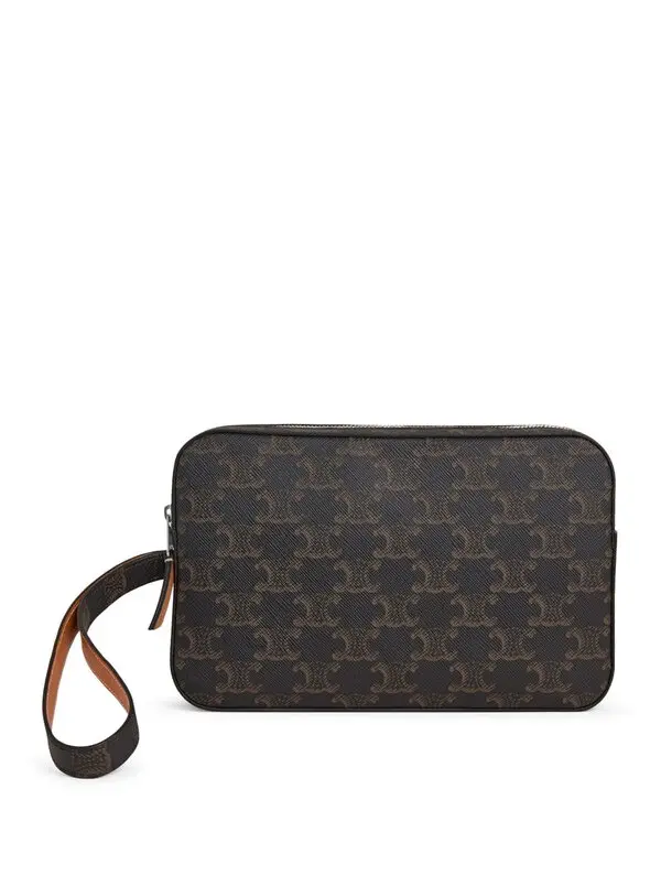 Celine Pouch With Shoulder Strap In Triomphe Canvas And Calfskin - Tan