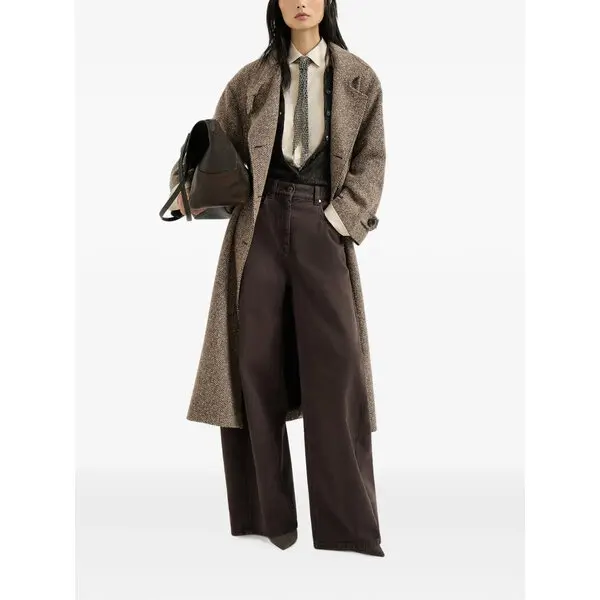 Brunello Cucinelli Single Breasted Coat With Monili Embroidery - Brown