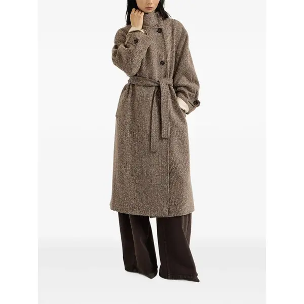 Brunello Cucinelli Single Breasted Coat With Monili Embroidery - Brown