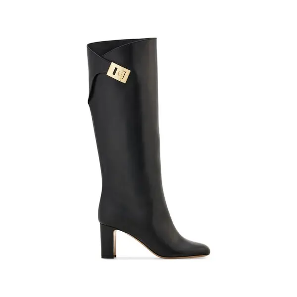 FERRAGAMO Leather Knee High Boots With Gold Tone Hug Buckle - Black