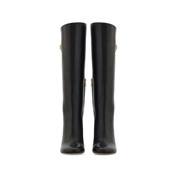 FERRAGAMO Leather Knee High Boots With Gold Tone Hug Buckle - Black