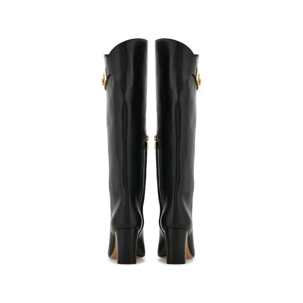 FERRAGAMO Leather Knee High Boots With Gold Tone Hug Buckle - Black