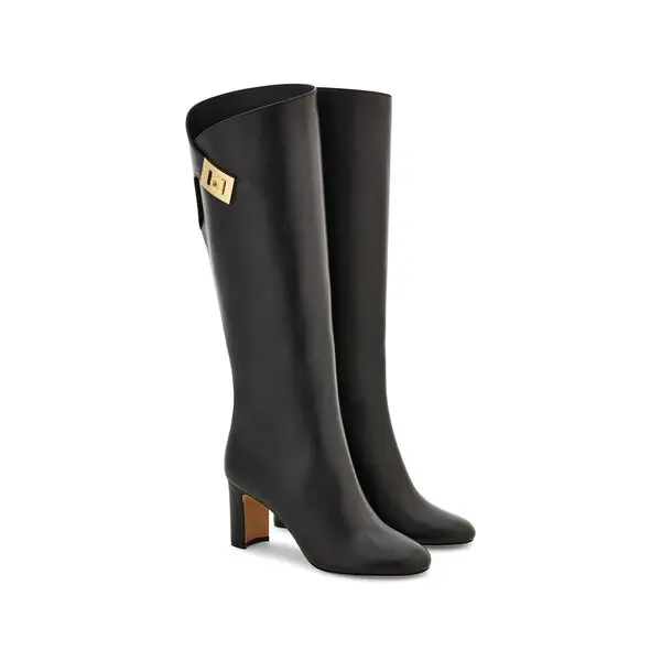 FERRAGAMO Leather Knee High Boots With Gold Tone Hug Buckle - Black