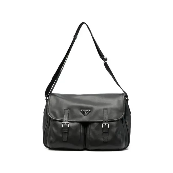 Prada Re-nylon And Leather Shoulder Bag With Enamel Triangle Logo - Black