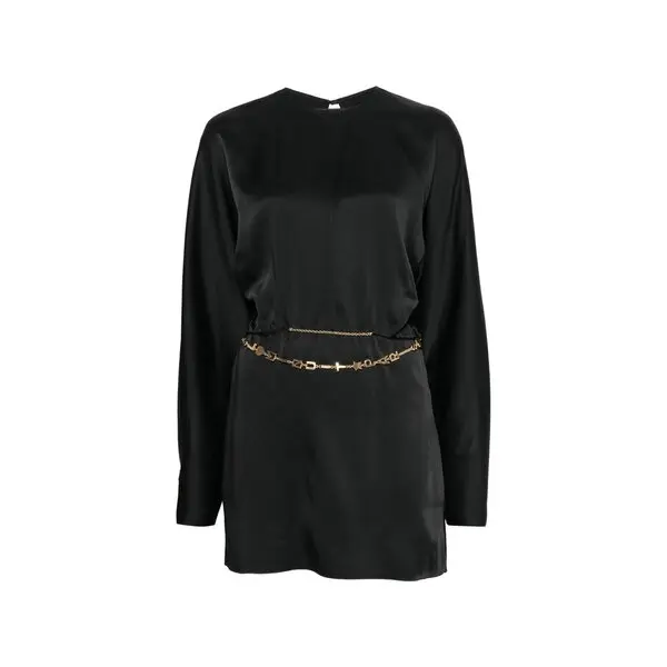 Saint Laurent Chain Detail Long Sleeve Mini Dress - Black