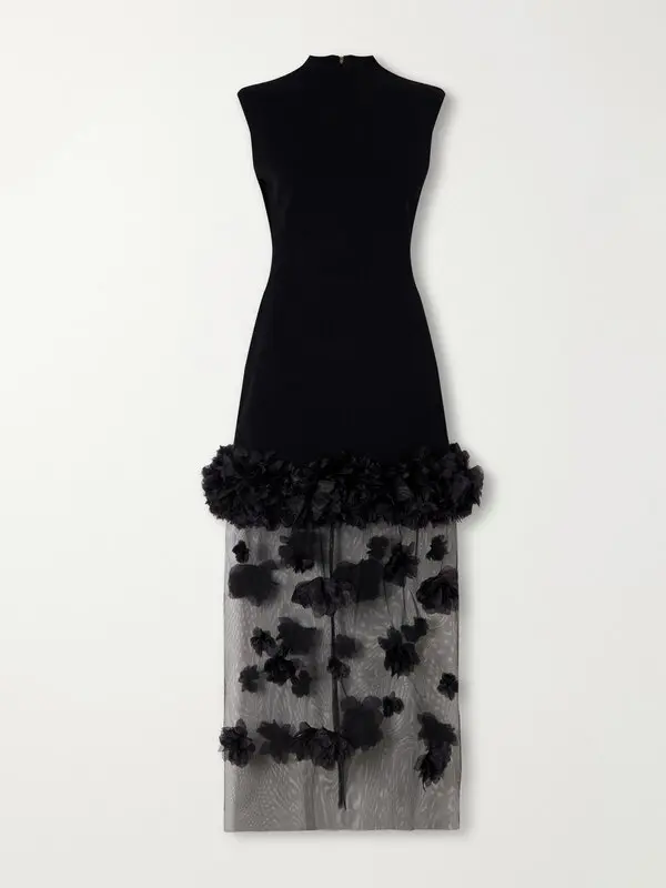 Aje Fleura Floral-trimmed Knit Midi Dress - Black