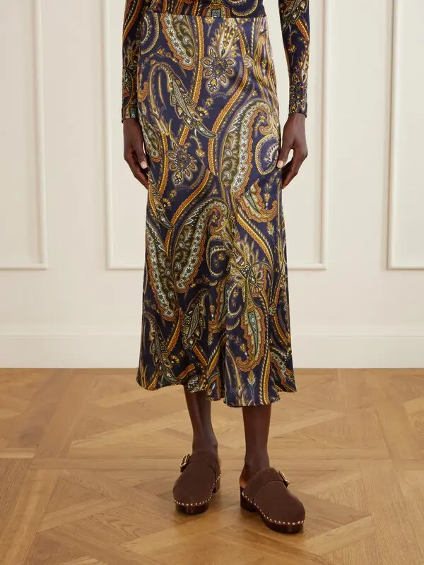 Etro Paisley-print Satin Midi Skirt - Blue