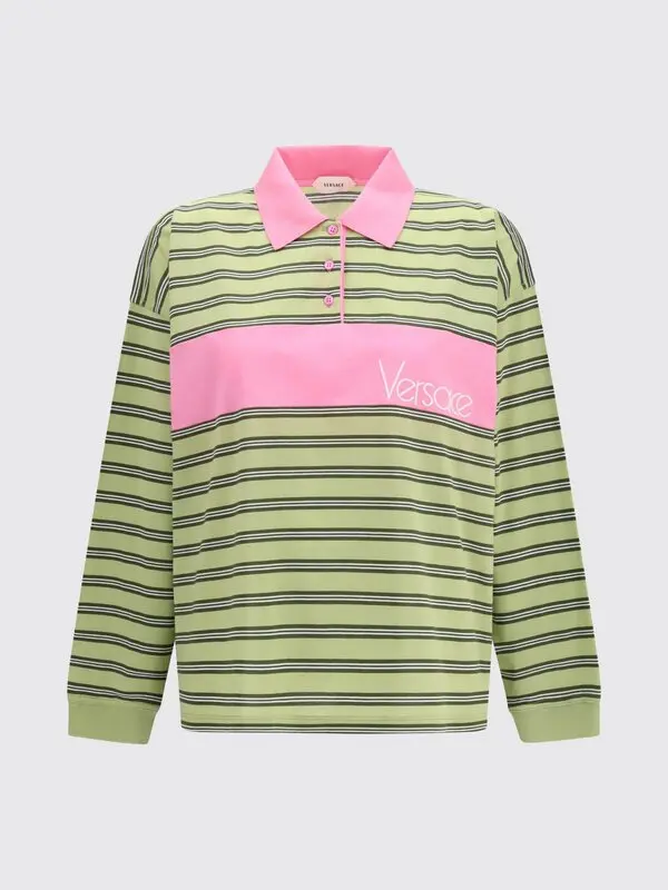 Versace Long-sleeved Cotton Polo Shirt With Striped Pattern And Logo