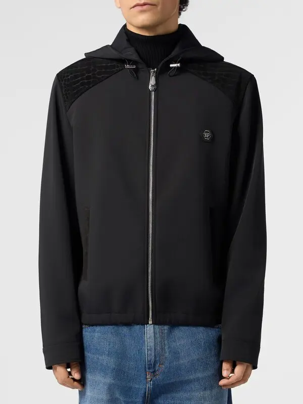 Philipp Plein Hooded Crocodile Print Windbreaker Jacket With Hexagon Logo - Black