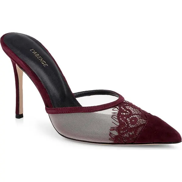 L'Agence Semois Pointed Toe Stiletto Mule With Lace And Mesh - Burgundy