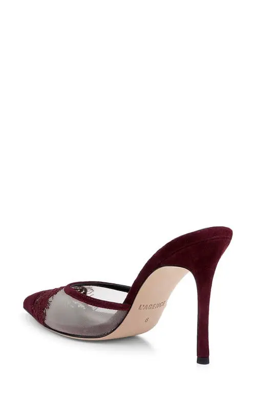L'Agence Semois Pointed Toe Stiletto Mule With Lace And Mesh - Burgundy