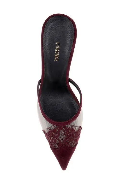 L'Agence Semois Pointed Toe Stiletto Mule With Lace And Mesh - Burgundy