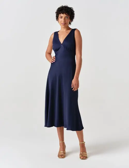 GHOST LONDON Alessia Picot V-neck Midi Dress - Navy