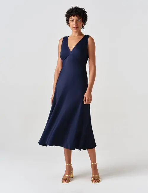 GHOST LONDON Alessia Picot V-neck Midi Dress - Navy