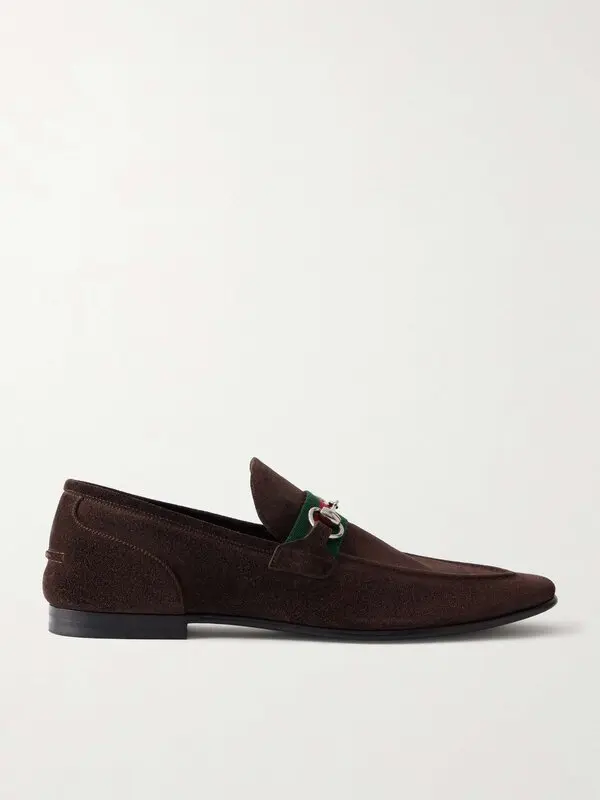 Gucci Horsebit-embellished Web-trimmed Suede Loafers - Brown