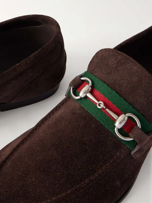 Gucci Horsebit-embellished Web-trimmed Suede Loafers - Brown