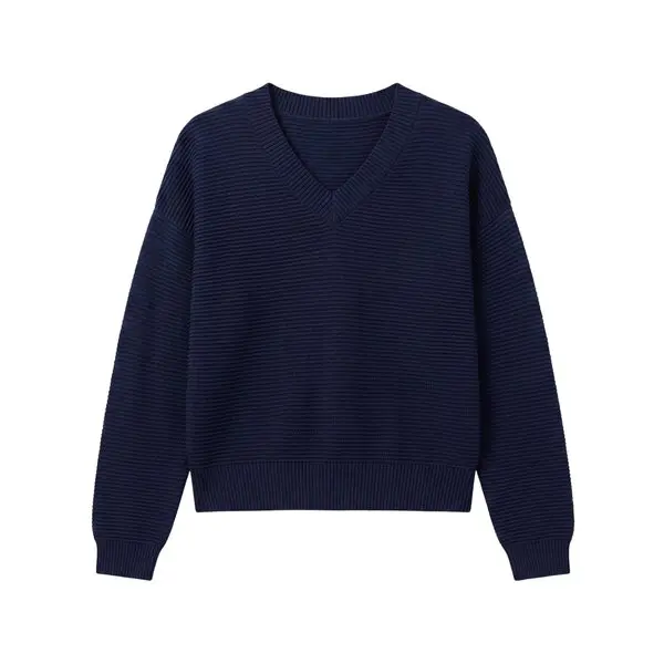 BRODIE CASHMERE Rippled Stitch V Neck Navy