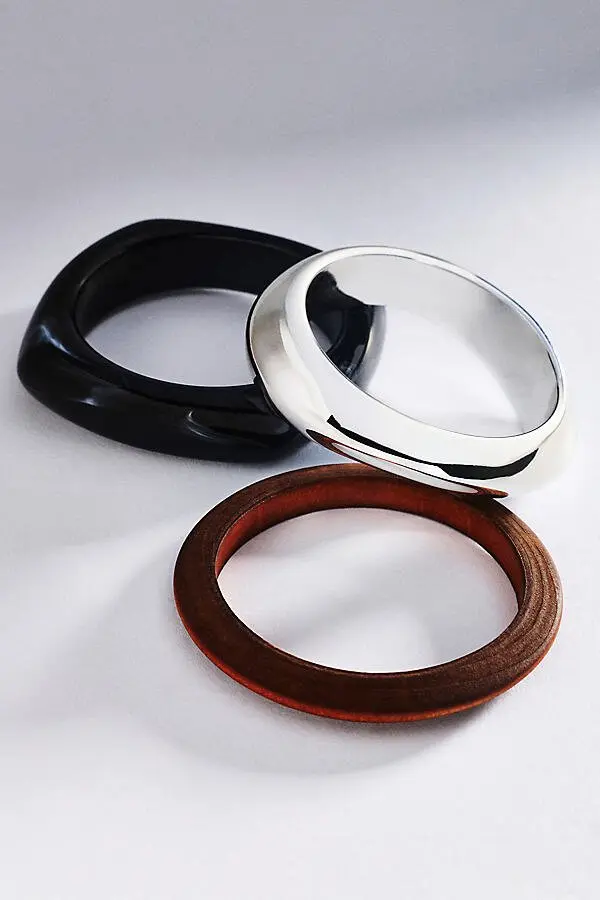 Anthropologie Set Of 3 Mixed Material Bangles - Silver/black