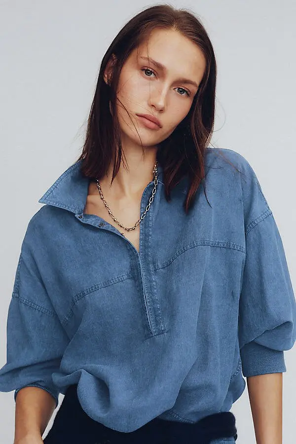PILCRO Pullover Sweatshirt With Dropped Sleeves - Indigo