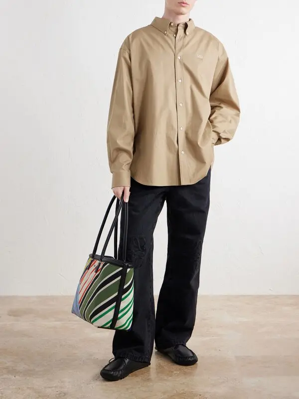 Loewe Verano Logo-embroidered Striped Leather-trimmed Canvas Tote