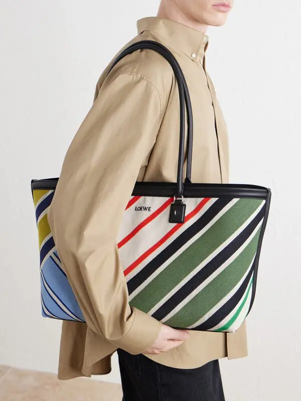Loewe Verano Logo-embroidered Striped Leather-trimmed Canvas Tote