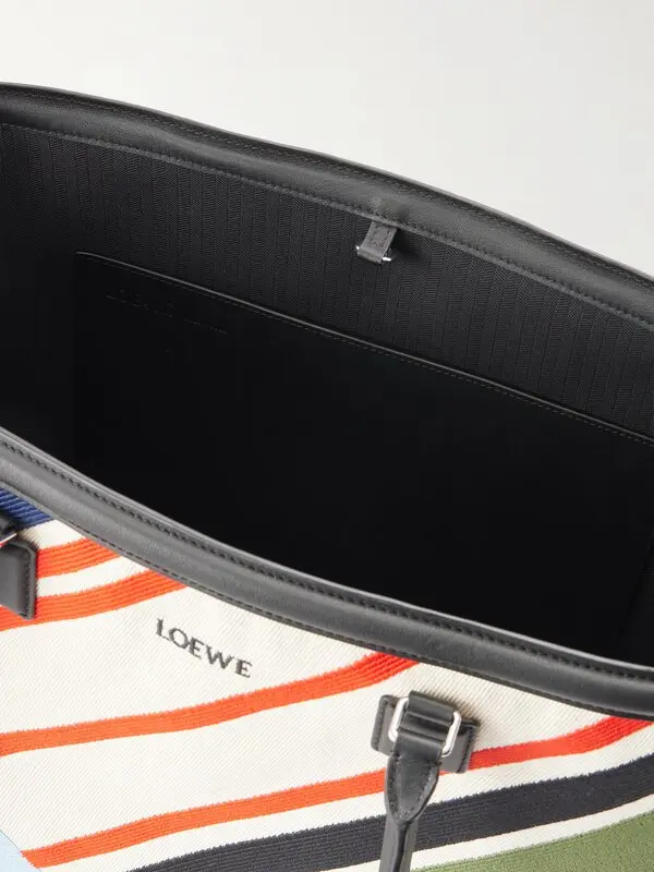 Loewe Verano Logo-embroidered Striped Leather-trimmed Canvas Tote